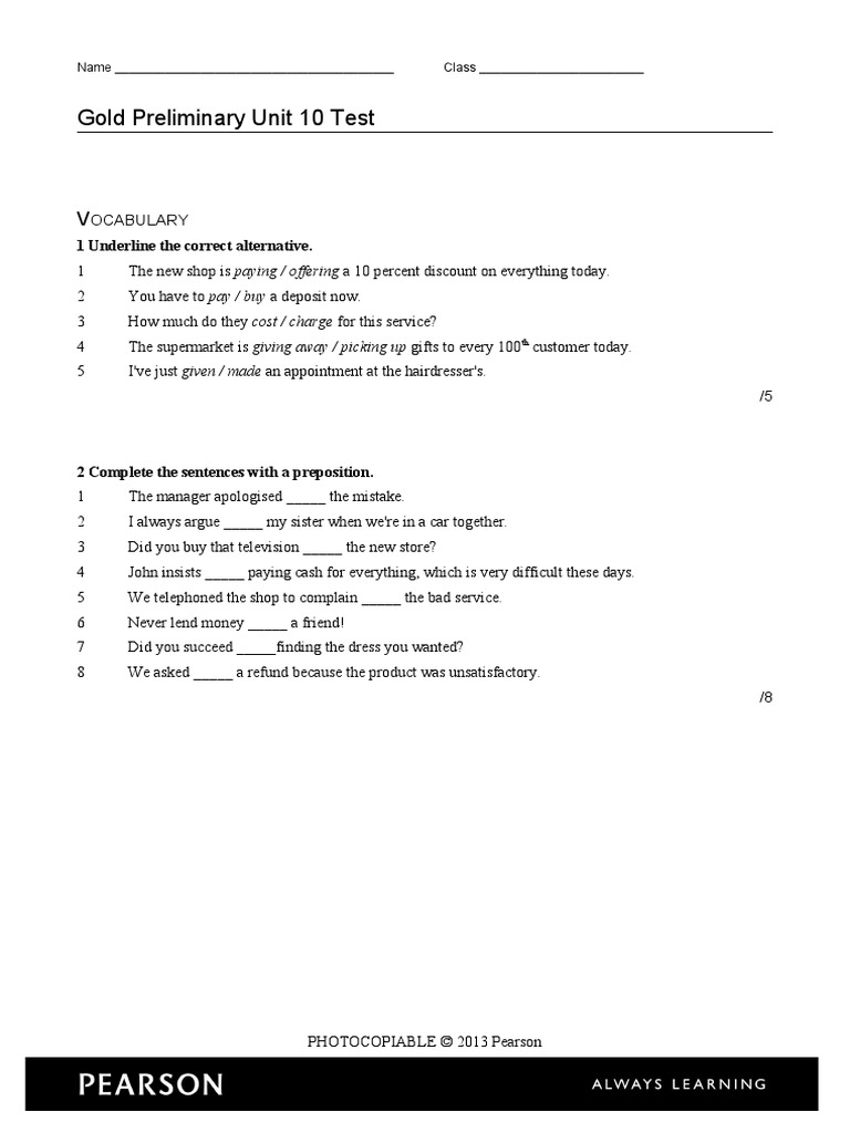 Gold Preliminary Unit 10 Test: 1 Underline The Correct Alternative ...