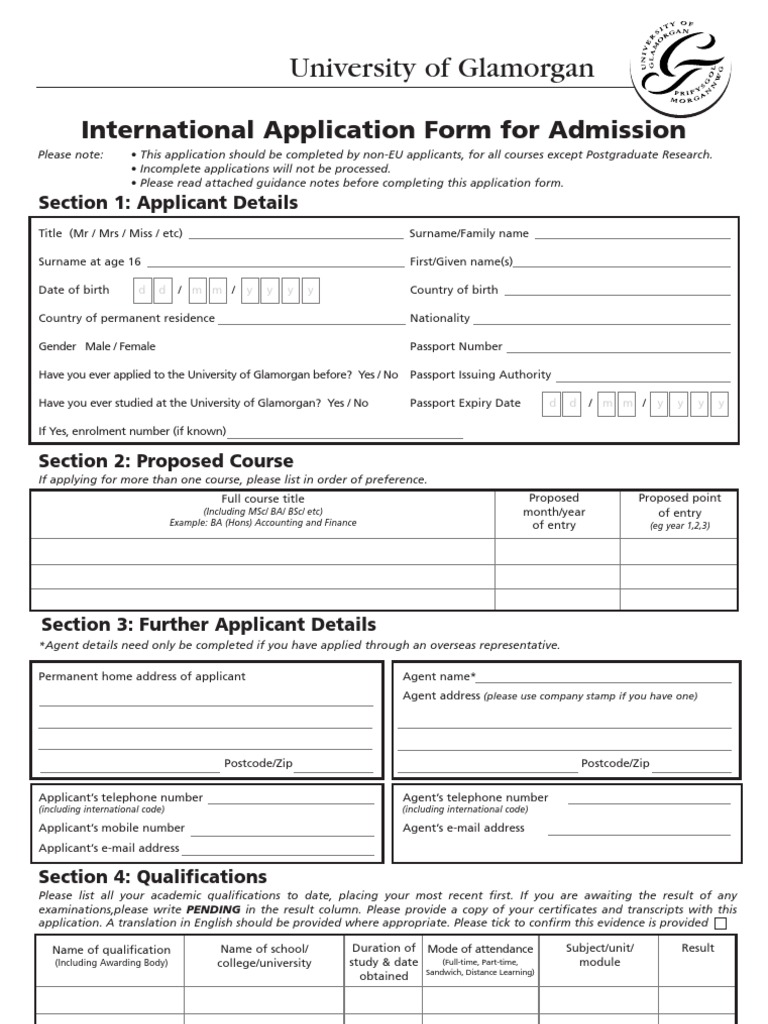 University of Glamorgan: International Application Form For Admission ...