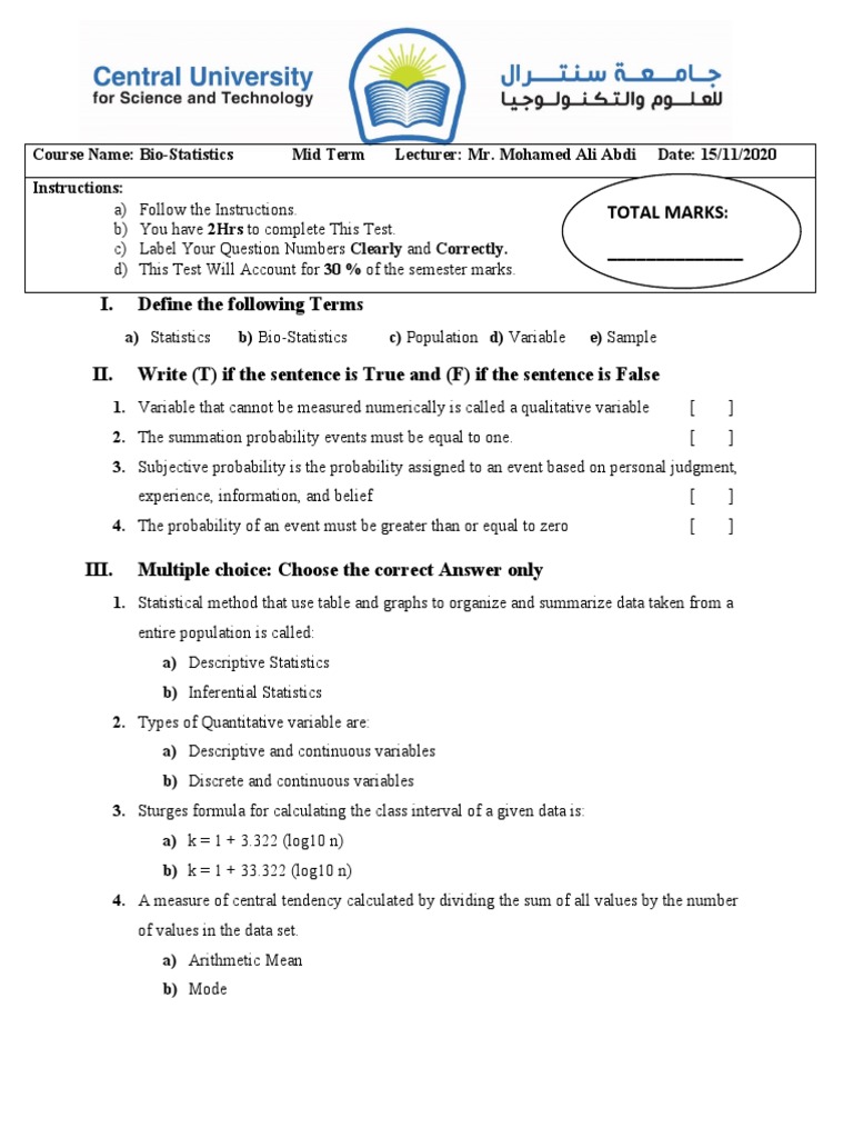 Bio Statistics Midterm Exam Pdf Biostatistics Statistics