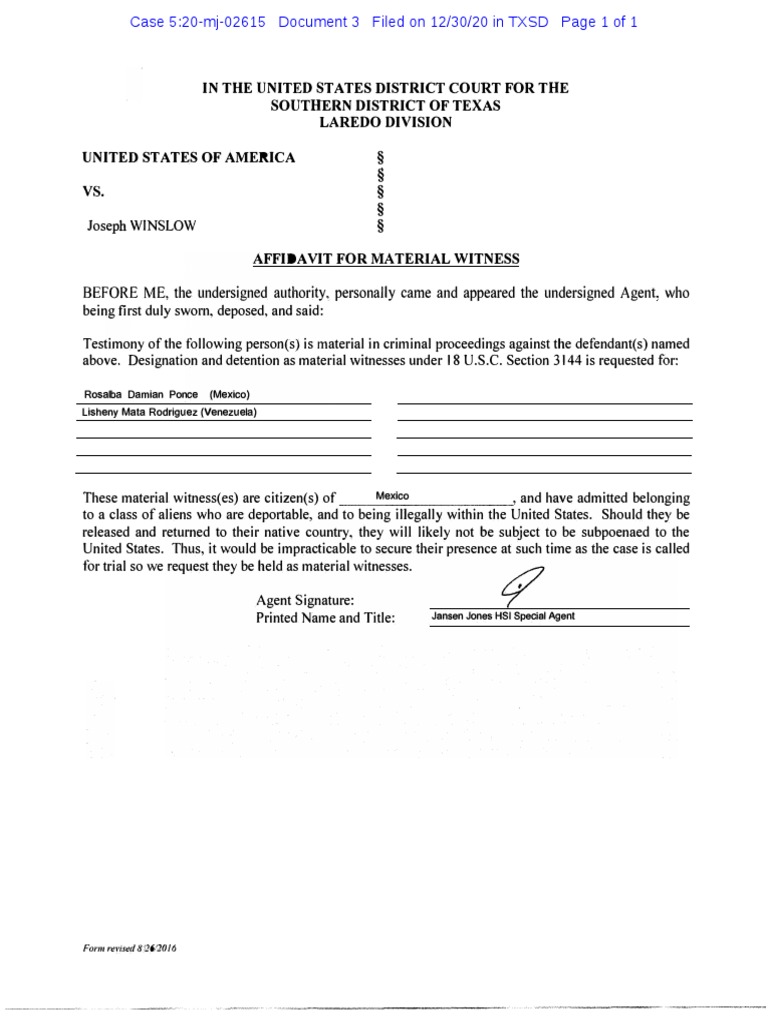 Affidavit For Material Witnesses | PDF