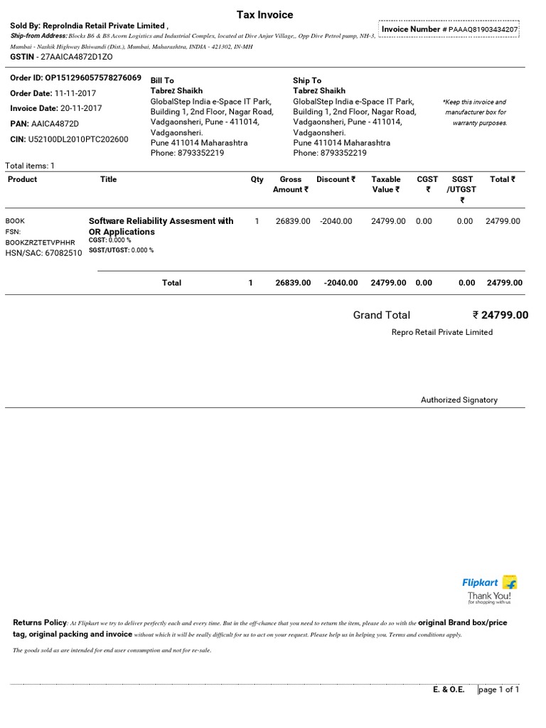 Grand Total 24799.00: Keep This Invoice and Manufacturer Box For ...