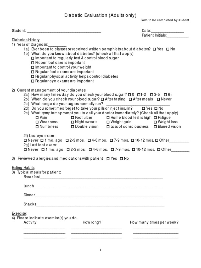Diabetic Evaluation (Adults Only) : Form To Be Completed by Student ...