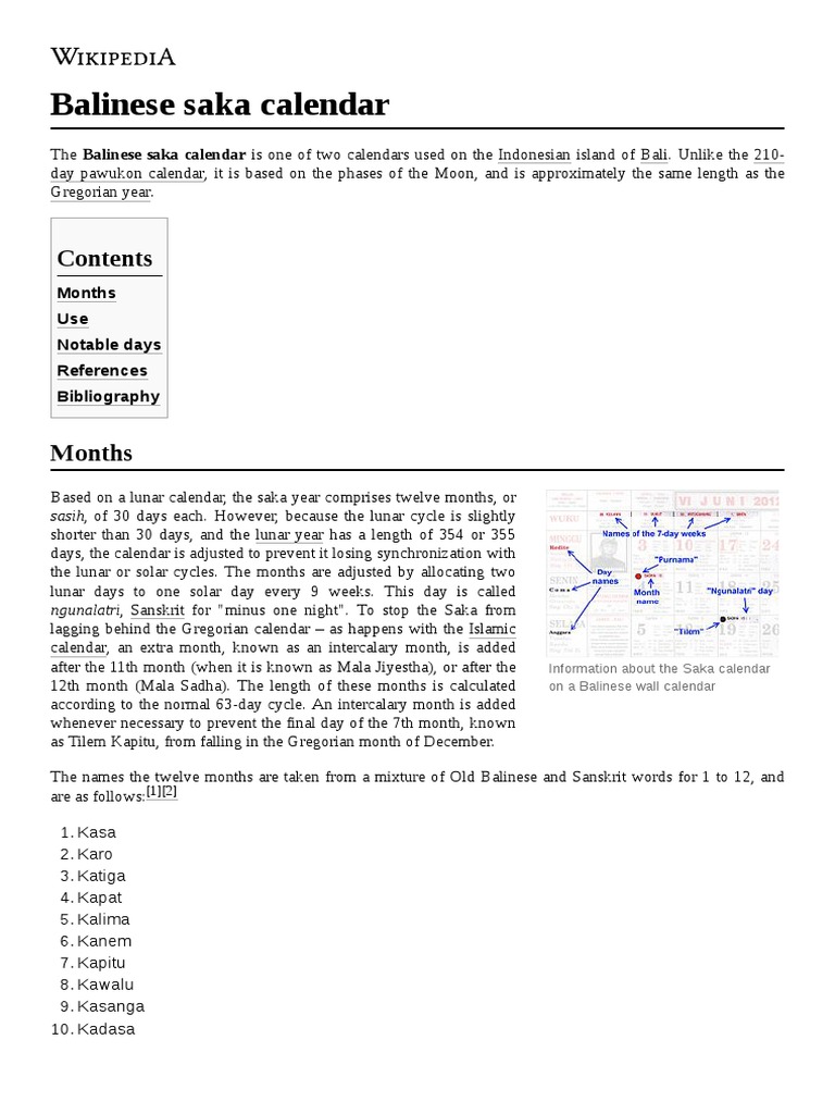 Balinese Saka Calendar: Months Use Notable Days References Bibliography ...