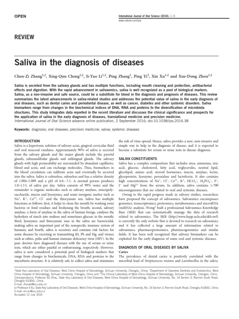Saliva Biomarkers for Disease Diagnosis | PDF | Saliva | Biomarker