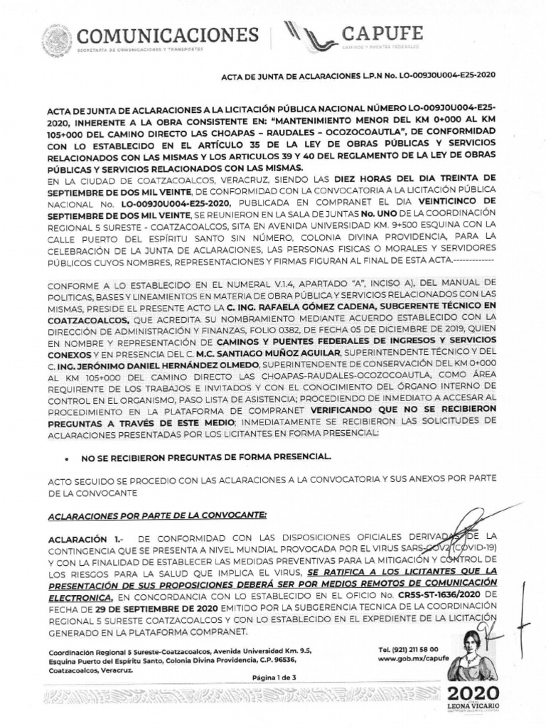 E25-2020 Acta de Junta de Aclaraciones | PDF