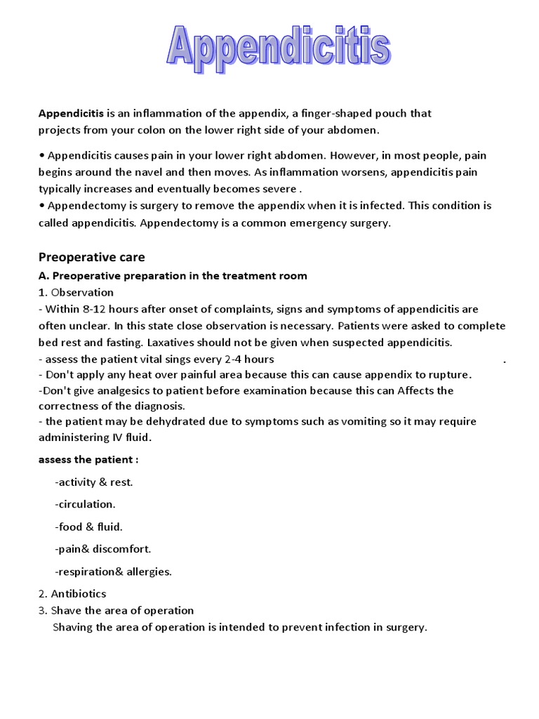Appendicitis Preoperative Care 1 | PDF | Surgery | Medical Specialties