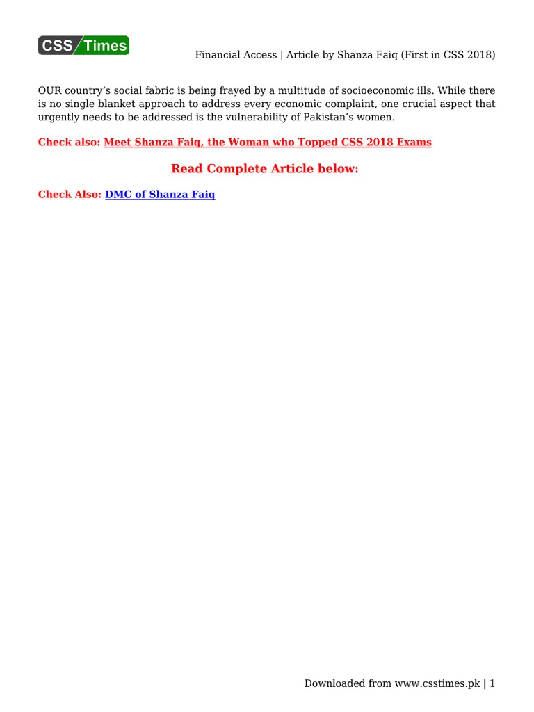 Financial Access - Article by Shanza Faiq (First in CSS 2018) | PDF