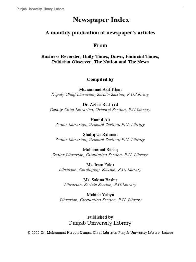 Newspaper Index: A Monthly Publication of Newspaper's Articles | PDF ...