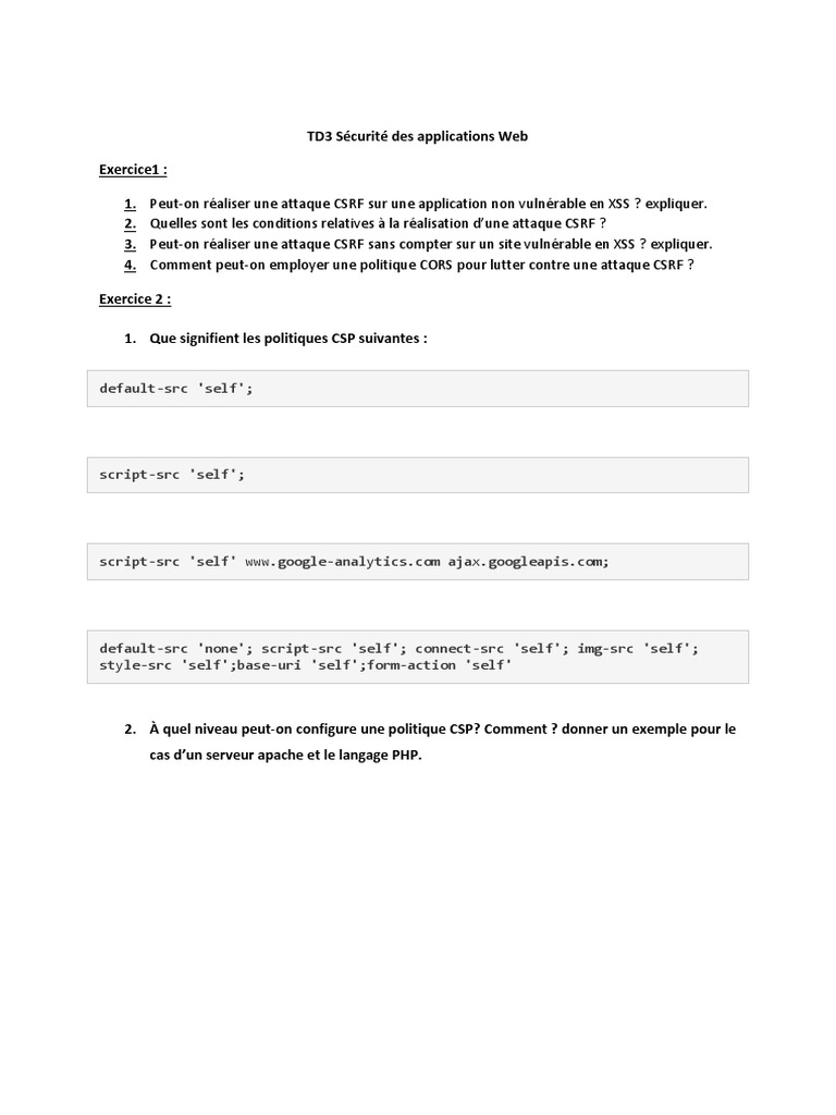 TD3 CSP CORS Attaques CSRF PDF | PDF