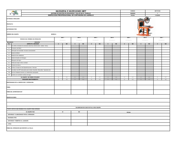 Sst-Fo-56 Inspección Preoperacional de Cortadora de Ladrillo | PDF ... Sst-Fo-56 Inspección Preoperacional de Cortadora de Ladrillo | PDF ...