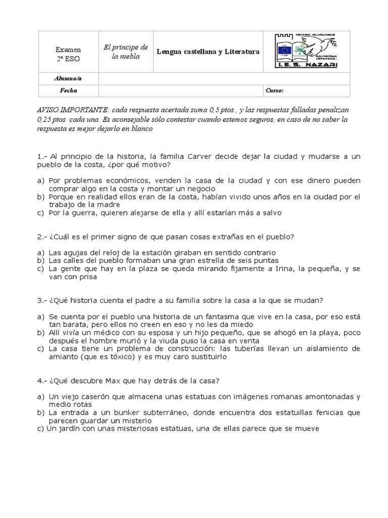 Prueba Lectura El Príncipe de La Niebla | PDF