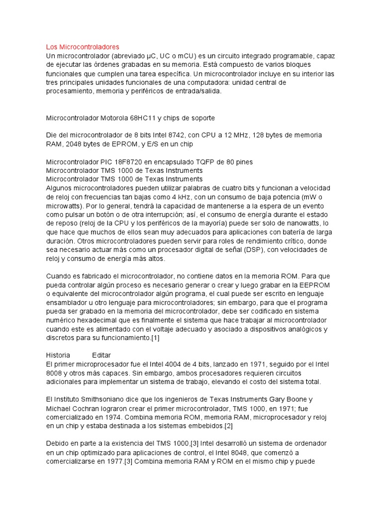 Los Microcontroladores Historia y Breve Repaso | PDF | Microcontrolador ...