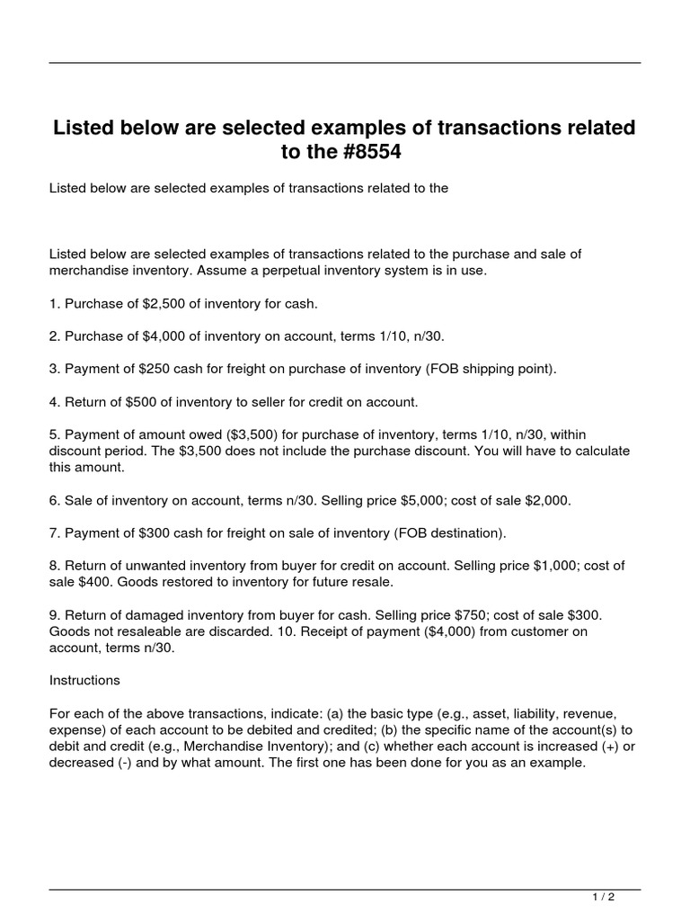 Listed Below Are Selected Examples of Transactions Related To The | PDF ...