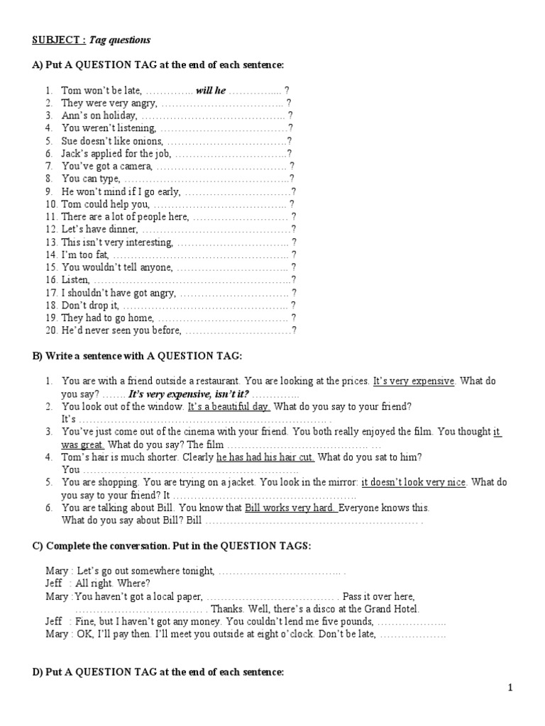 Question Tags Exercises | PDF