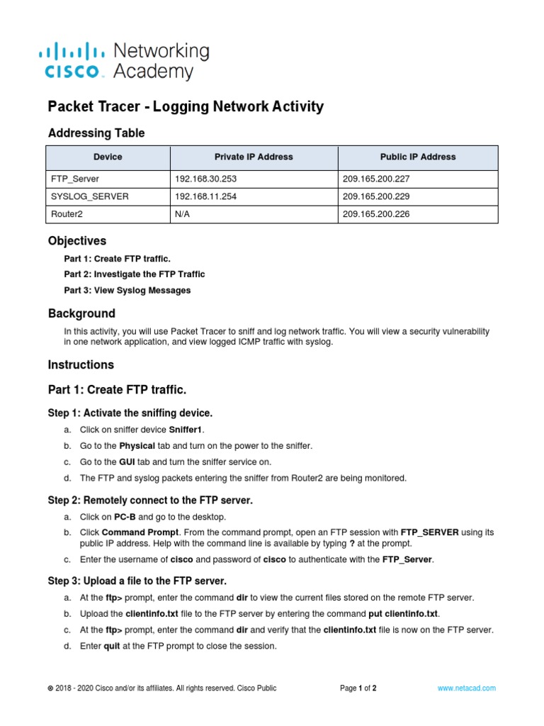 15.2.7 Packet Tracer - Logging Network Activity Cisco | PDF | File ...