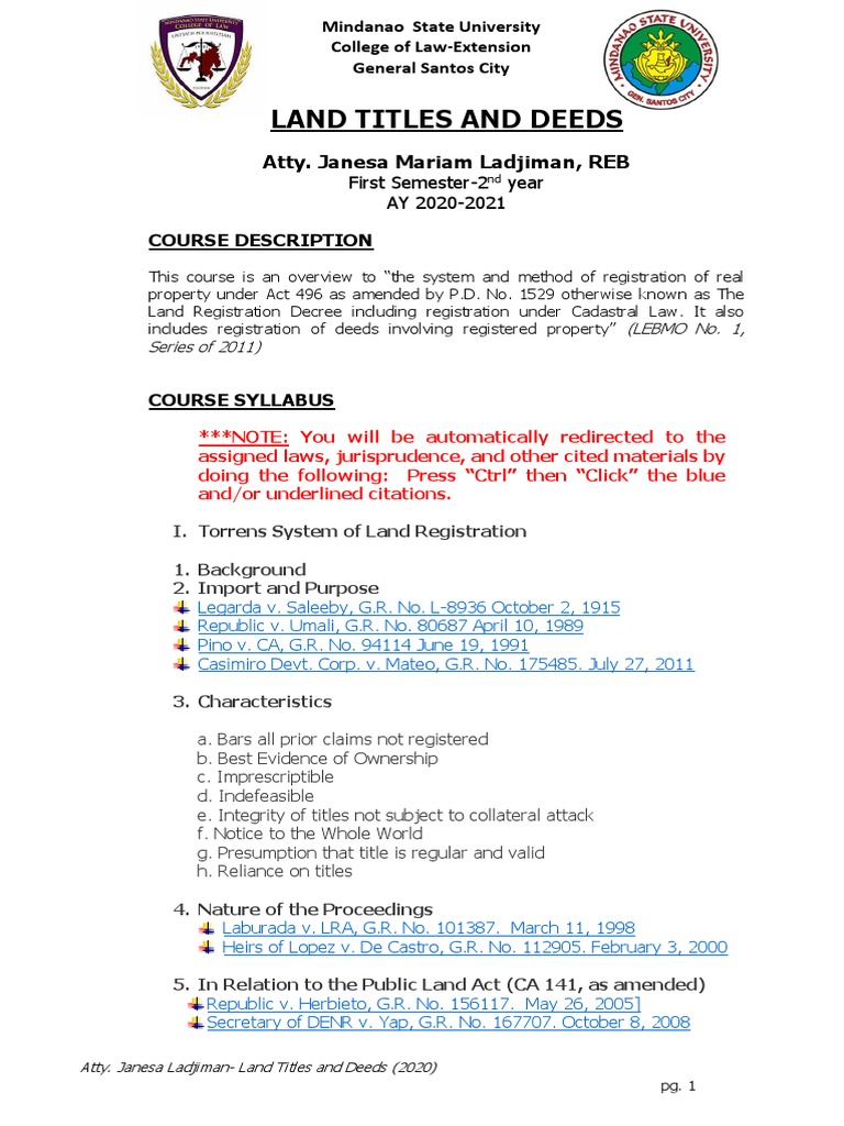 Land Titles & Deeds-Syllabus | PDF | Academic Dishonesty | Common Law