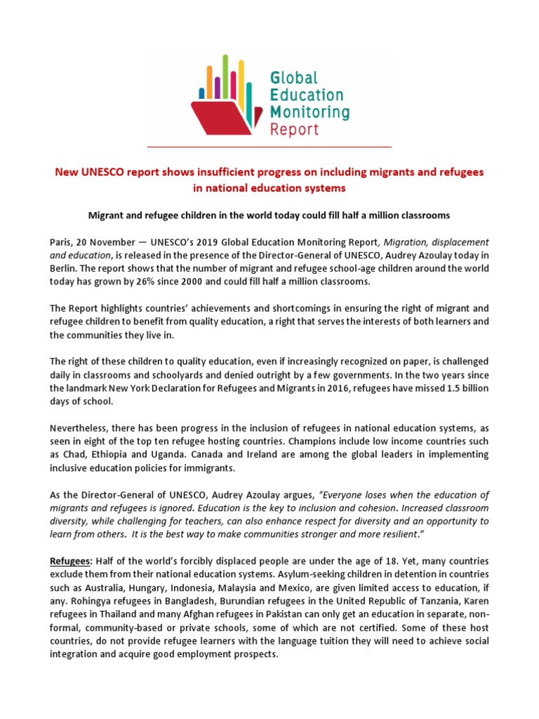 2019 GEM Report GLOBAL PRESS RELEASE PDF | PDF | Refugee | Immigration