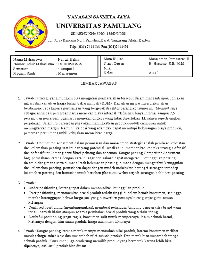 Jawaban UAS Manajemen Pemasaran II | PDF