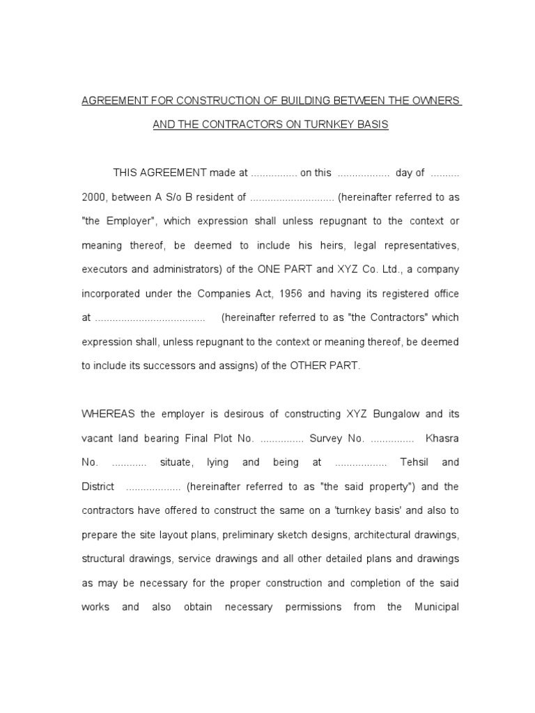 Turnkey Construction Agreement Template | PDF | Arbitration | Employment