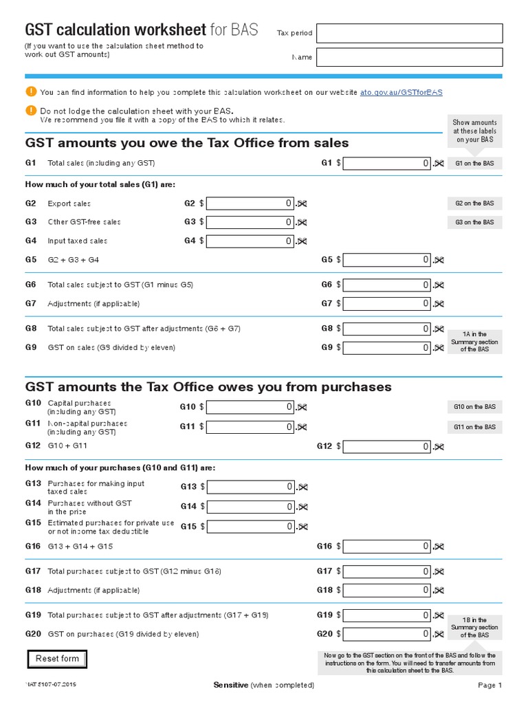 GST Calculation Worksheet For BAS: GST Amounts You Owe The Tax Office ...