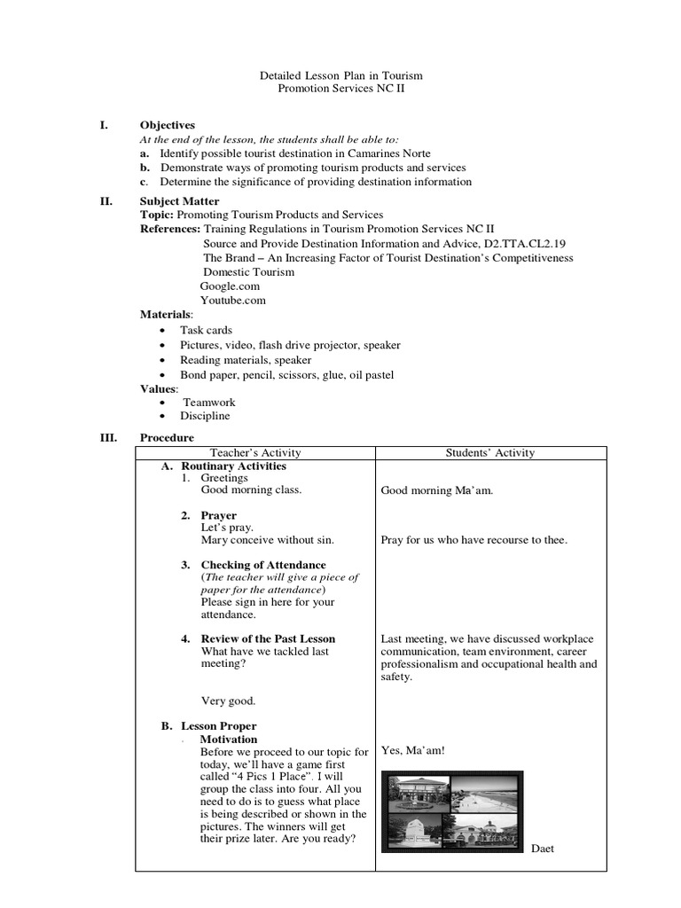 Lesson Plan in Tourism Promotion Services | PDF | Tourism | Human Nature