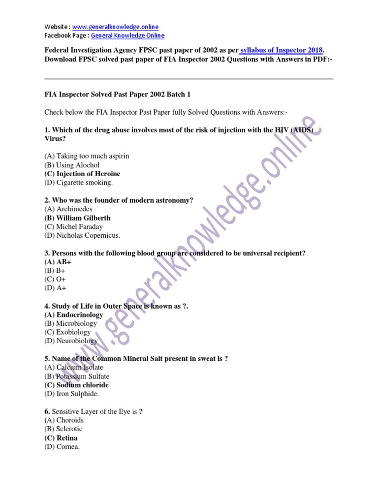 Federal Investigation Agency Inspector FPSC Past Paper of 2002 PDF | PDF