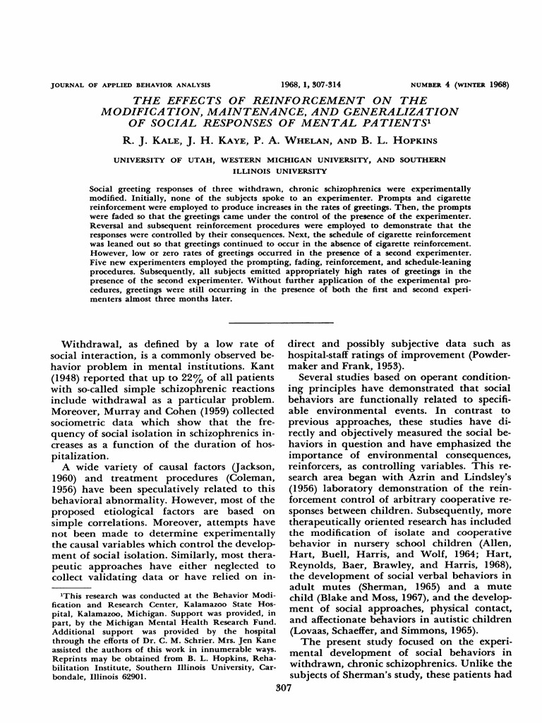 Kale, Kaye, Whelan, & Hopkins, 1968 | PDF | Reinforcement | Psychotherapy