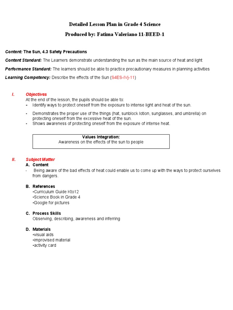 Detailed Lesson Plan in Grade 4 Science Produced By: Fatima Valeriano ...