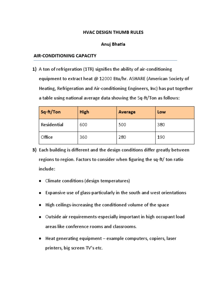 Hvac Design Thumb Rules Anuj Bhatia Air-Conditioning Capacity 1) A Ton of Refrigeration (1TR ...