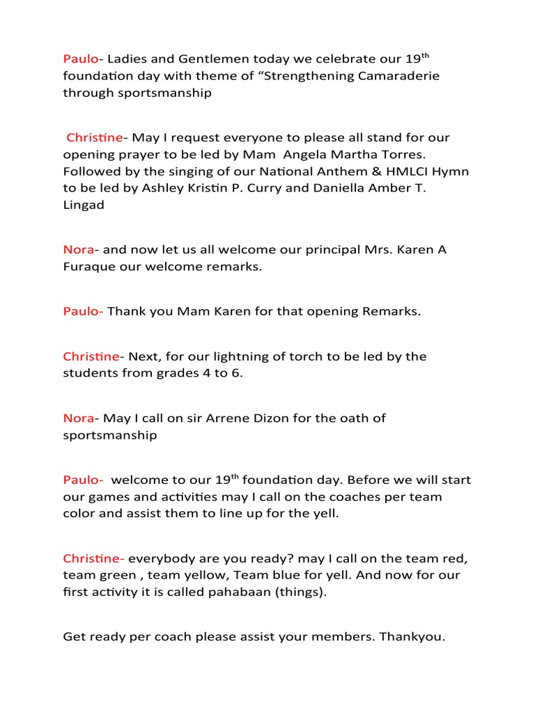 Script For Foundation Day | PDF