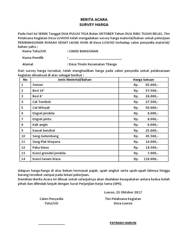 Berita Acara Survey Harga-MAHYANI | PDF