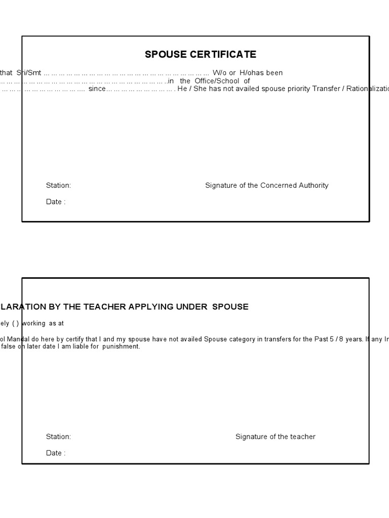 Spouse Certificate: Declaration by The Teacher Applying Under Spouse | PDF | Learning | Behavior ...