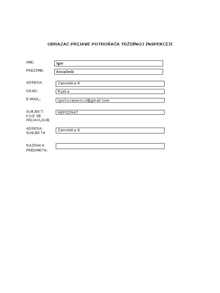 OBRAZAC PRIJAVE POTROŠAČA TRŽIŠNOJ INSPEKCIJI | PDF