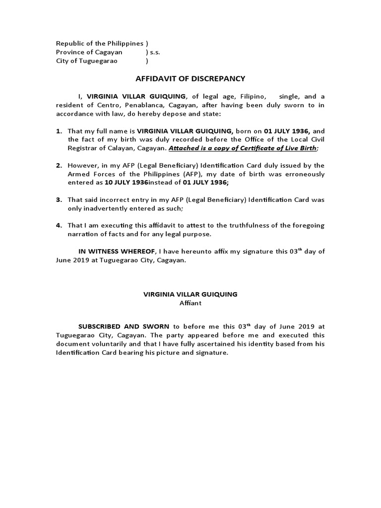 Aff of Discrepancy Date of Birth ABUGAN | PDF