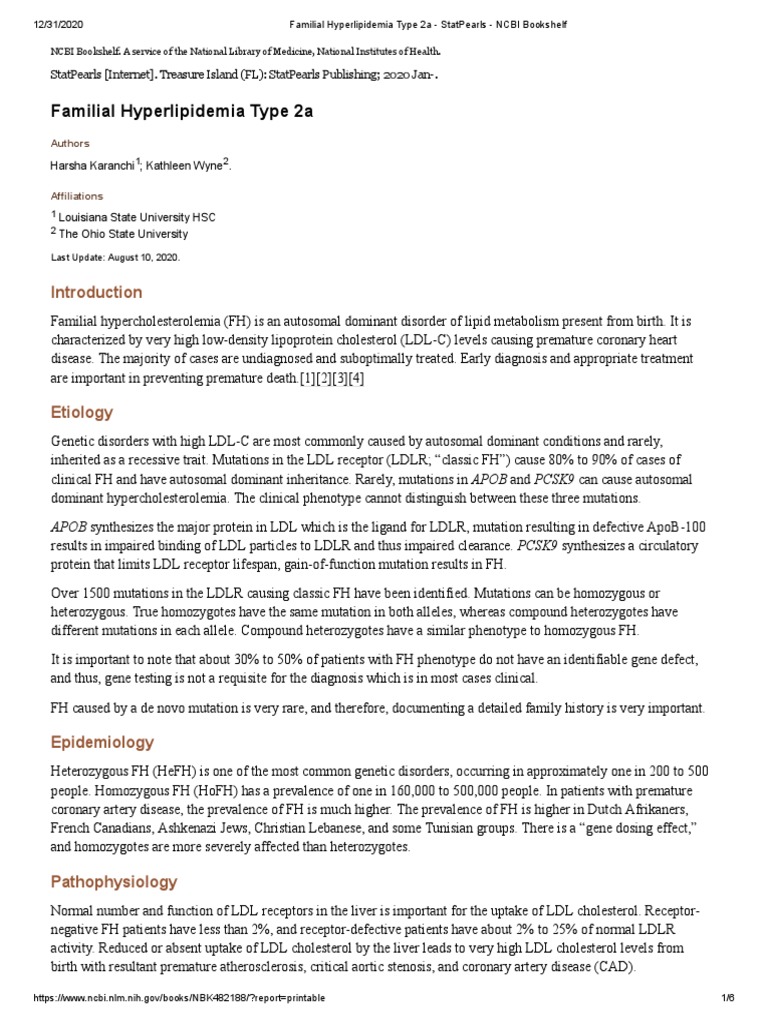 Familial Hyperlipidemia Type 2a - StatPearls - NCBI Bookshelf | PDF ...