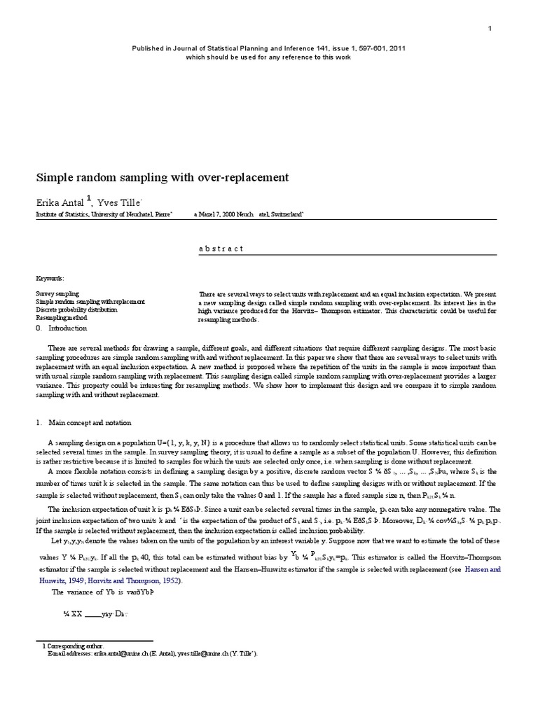Simple Random Sampling With Over-Replacement: Erika Antal, Yves Tille ...