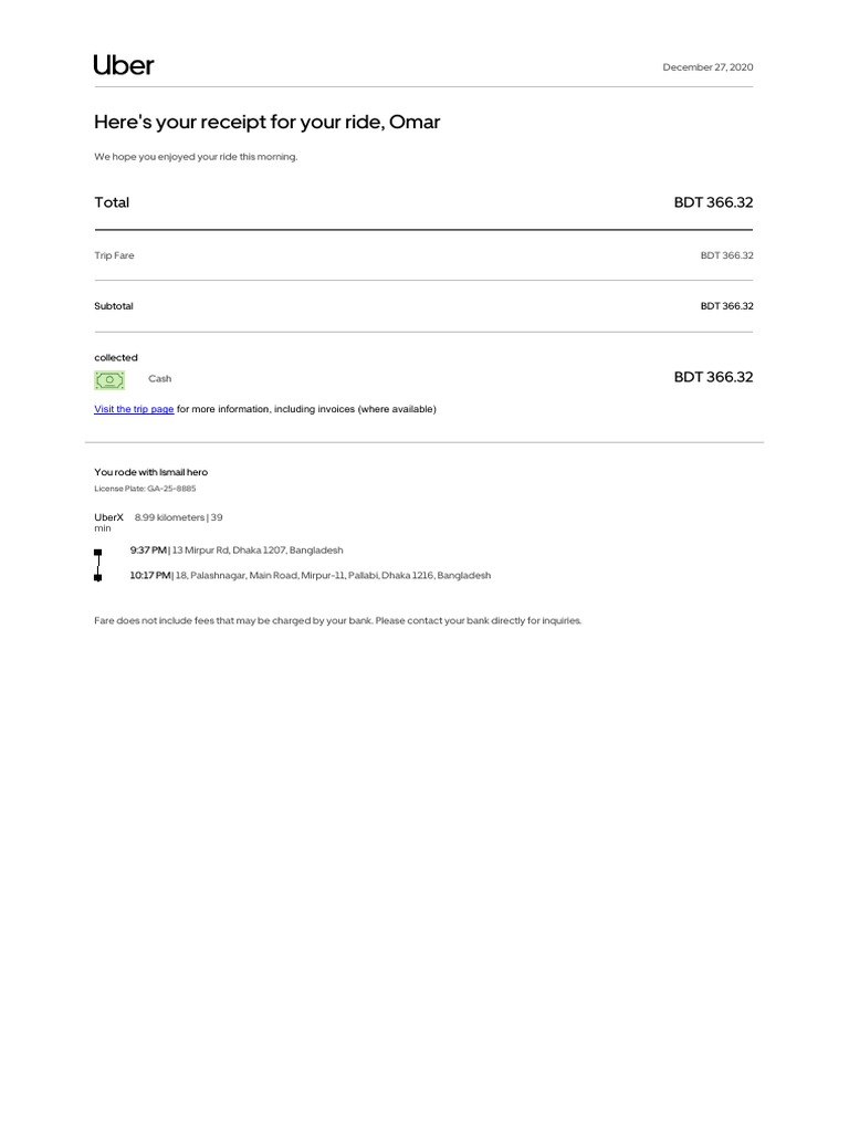 Here's Your Receipt For Your Ride, Omar: Total BDT 366.32 | PDF