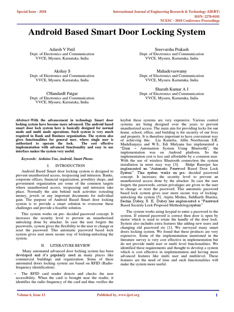 Android Based Smart Door Locking System IJERTCONV6IS13199 | PDF | Bluetooth | Password