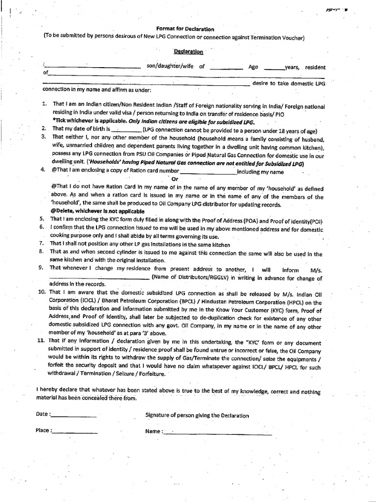 Indane Gas Declaration For New Connection or Connection Against ...