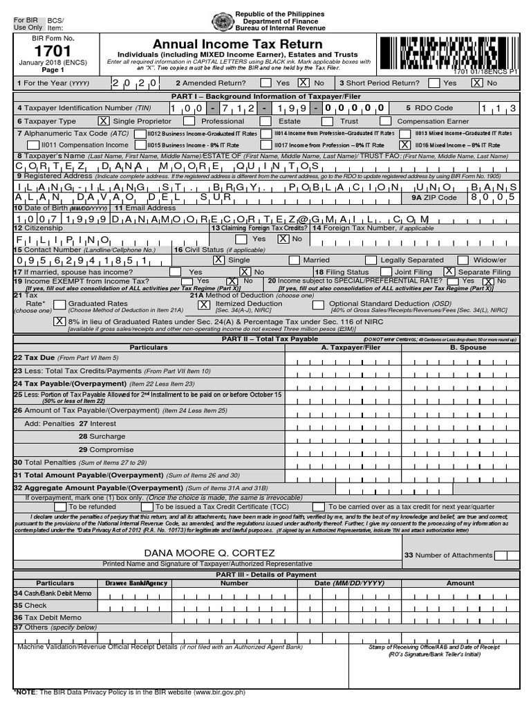 Annual Income Tax Return 1701 Form | PDF | Tax Deduction | Income Tax