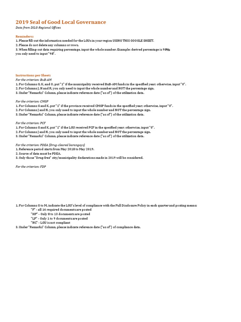 TEMPLATE - SGLG Data From Region - Final | PDF | Philippines