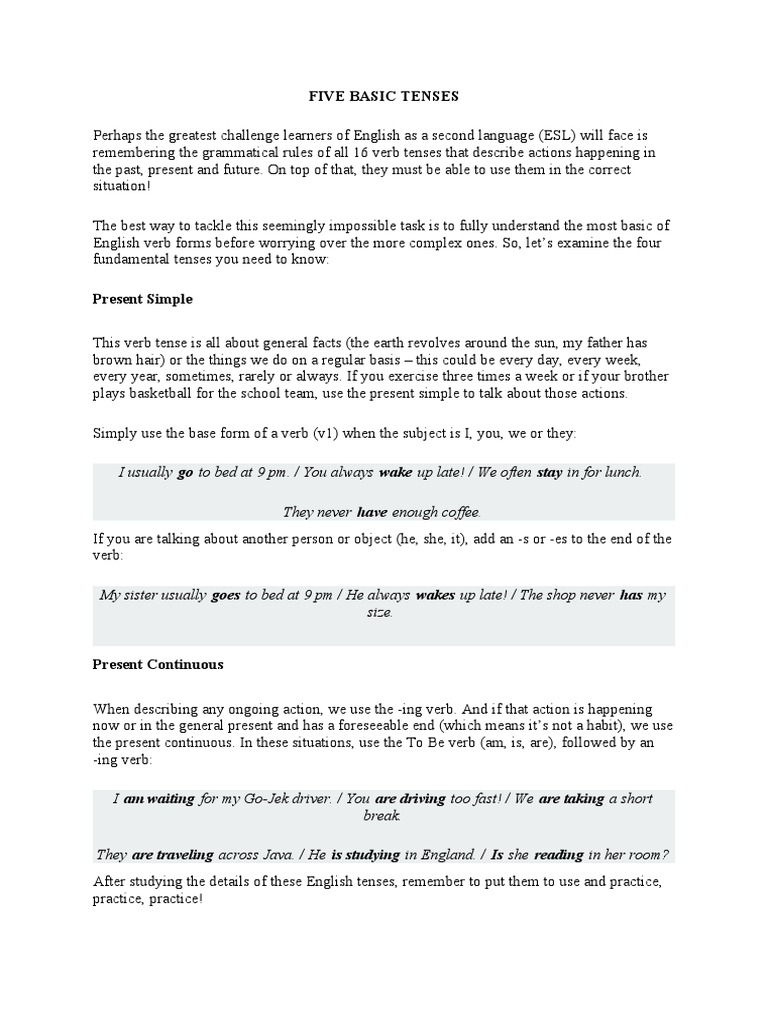Five Basic Tenses | PDF | Grammatical Tense | Verb