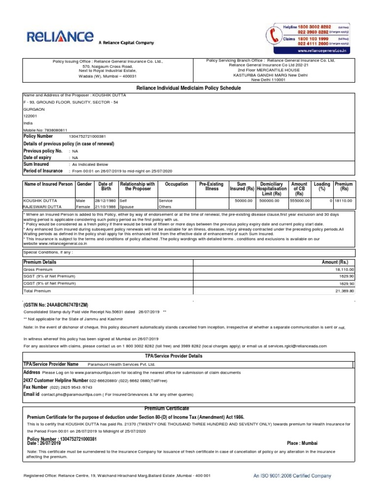Individual Mediclaim Policy Details | PDF | Insurance | Payments