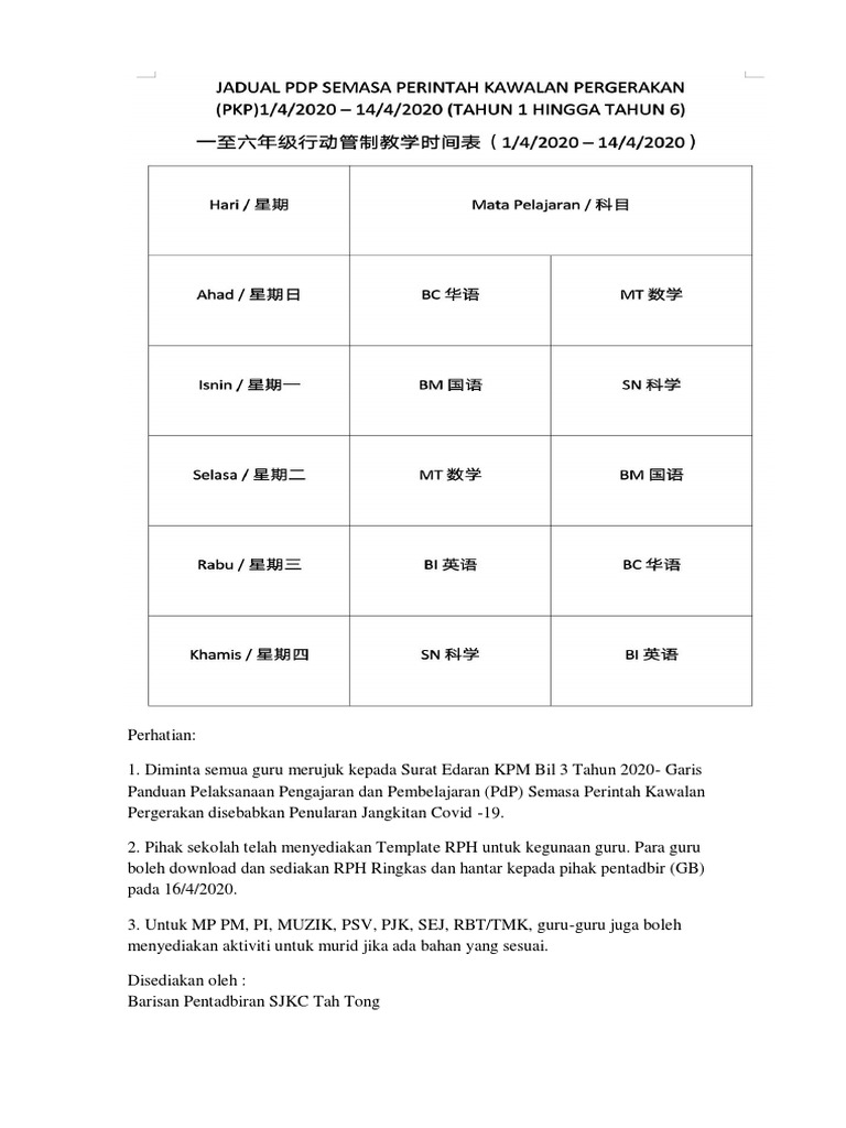 Jadual PDP Semasa PKP SJKC Tah Tong | PDF