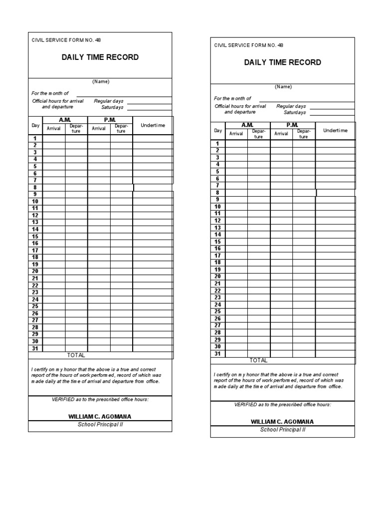 Civil Service Daily Time Record Form | PDF | Teaching Mathematics