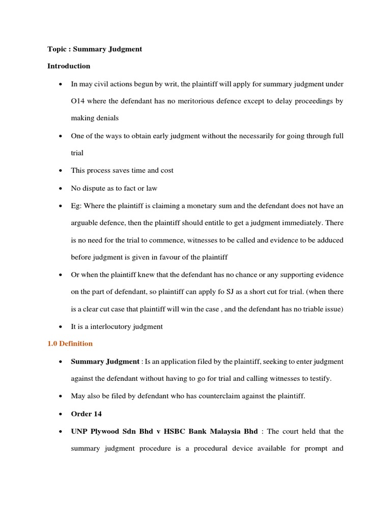 Topic: Summary Judgment: 1.0 Definition | PDF | Summary Judgment ...
