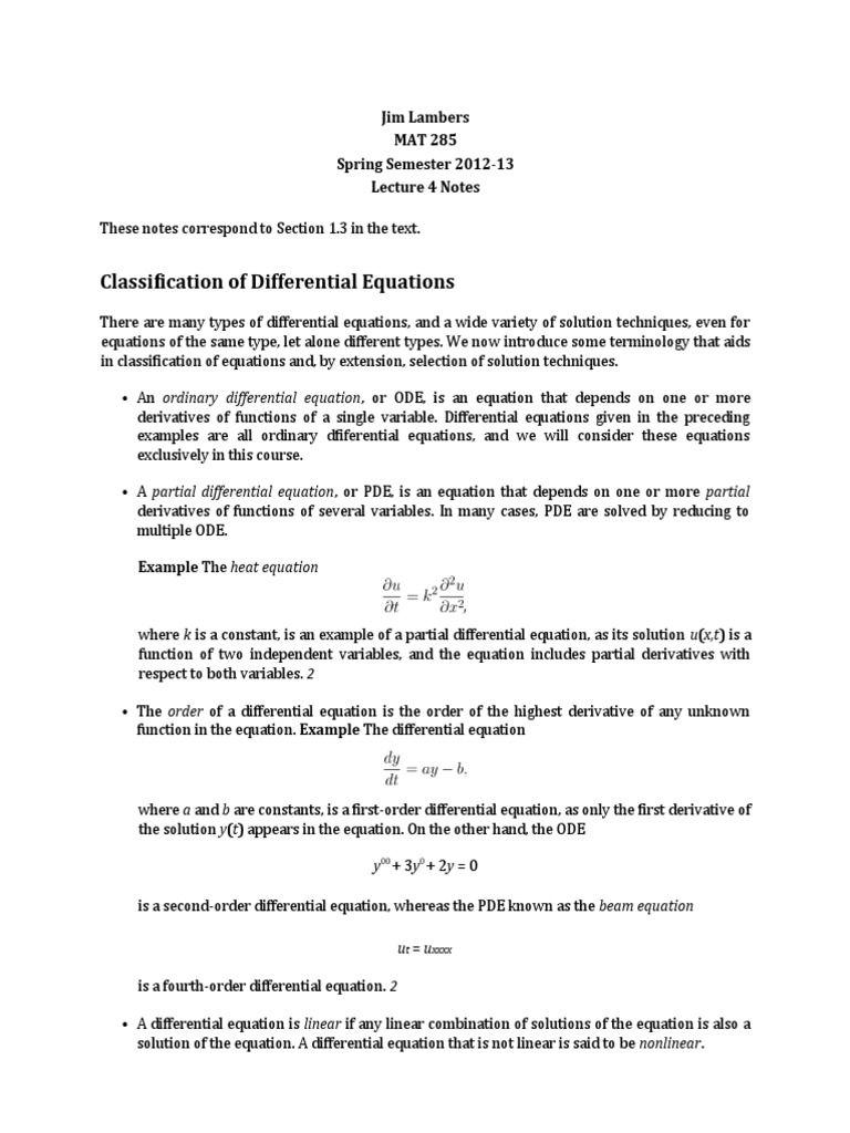 Classification of Differential Equations: Jim Lambers MAT 285 Spring ...