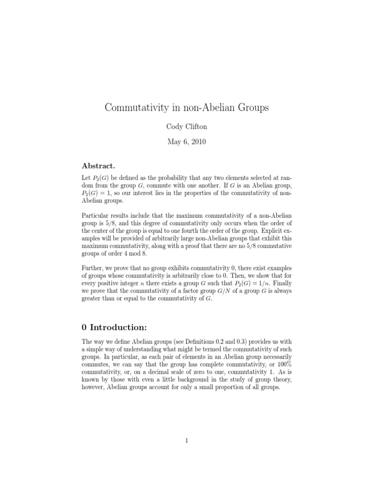 Commutativity in Non-Abelian Groups: Cody Clifton May 6, 2010 | PDF | Group (Mathematics ...