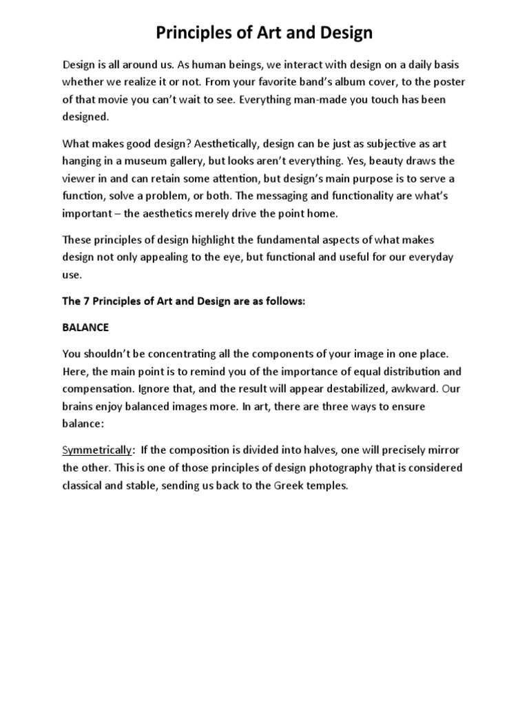 Principles of Art and Design | PDF | Composition (Visual Arts) | Aesthetics