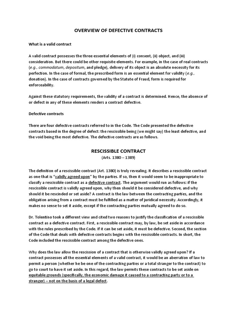 Overview of Defective Contracts | PDF | Annulment | Restitution